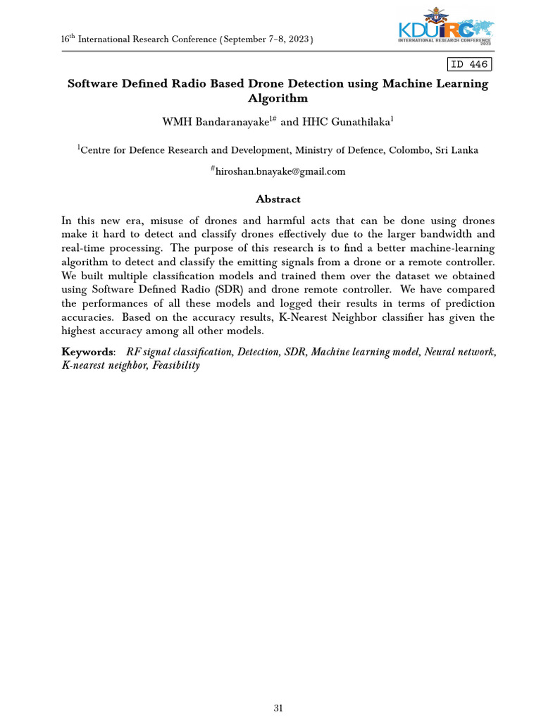 Software Defined Radio Based Drone Detection Using Machine Learning | PDF