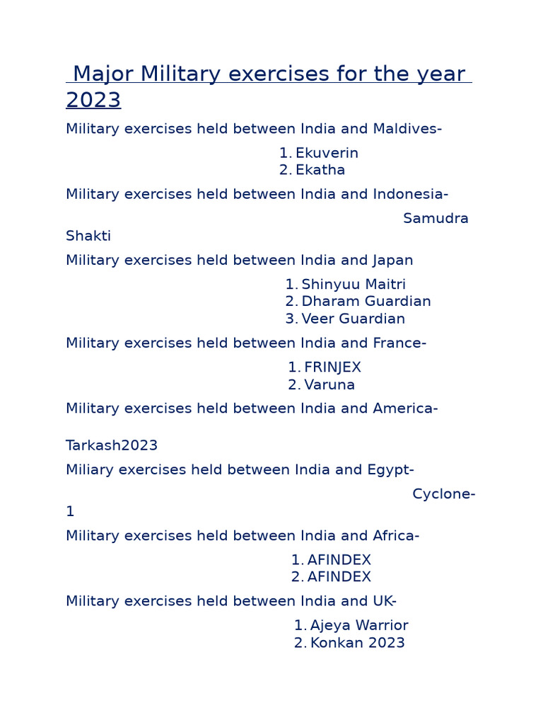 Major Military Exercises For The Year 2023 | PDF