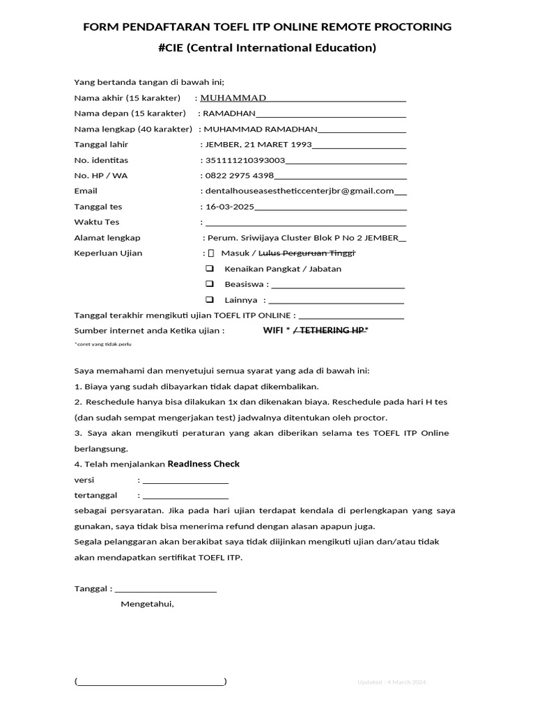 Form Pendaftaran Peserta TOEFL ITP v4 240630 | PDF