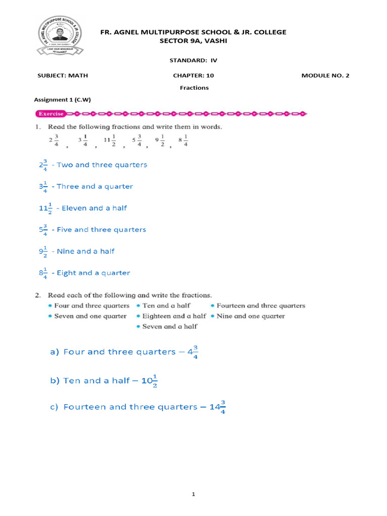 CW-HW_Chapter 10_Fractions_Module 2_Math_Std IV | PDF