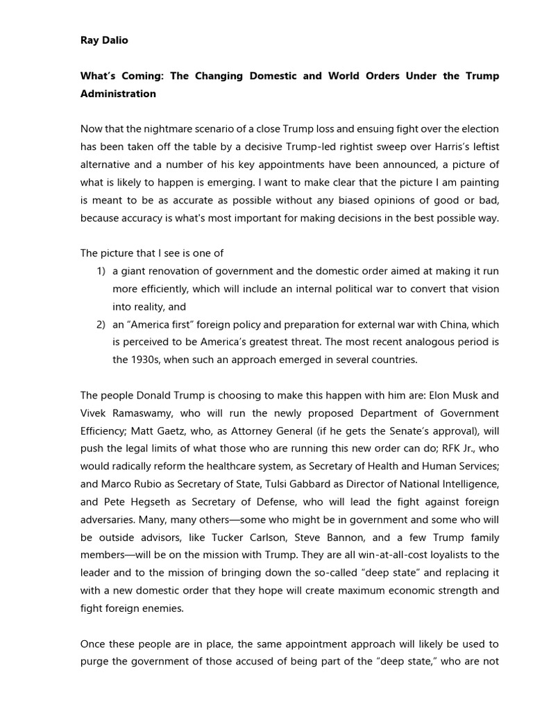 Ray Dalio The Changing Domestic and World Orders Under The Trump | PDF ...