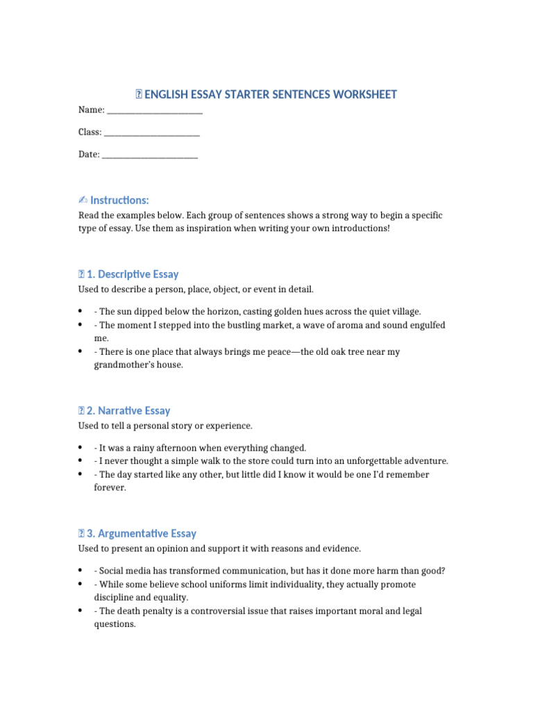 English Essay Starter Sentences Worksheet | PDF