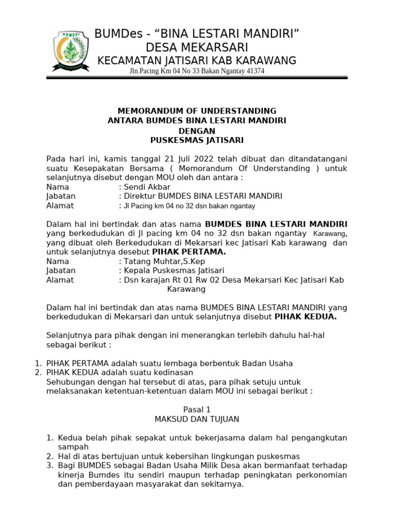 Memorandum of Understanding Bumdes | PDF