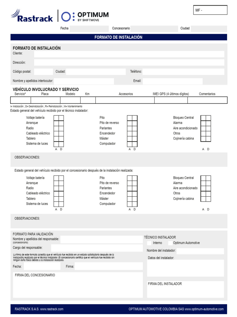 Formulario Instalaciones Optimum | PDF