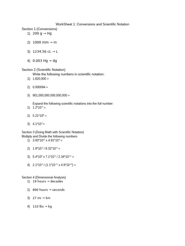 WorkSheet 1_ Conversions and Scientific Notation (1) | PDF