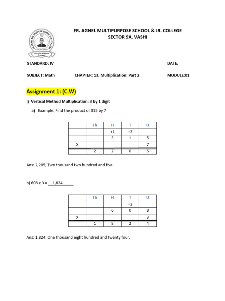 C.W-H.W - Chapter 13 - Multiplication Part 2 - Module 1 - Math - STD IV | PDF