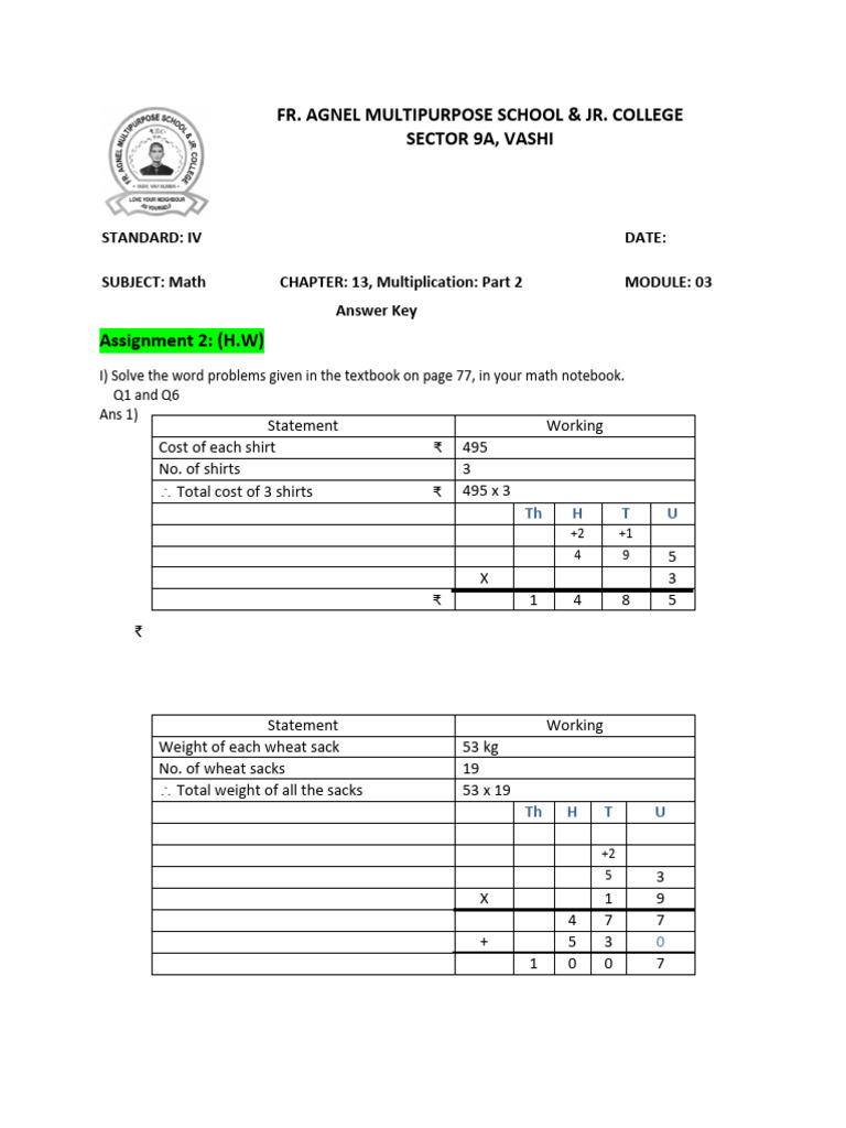Answer Key - H.W - Chapter 13 - Multiplication Part 2 - Module 3 | PDF