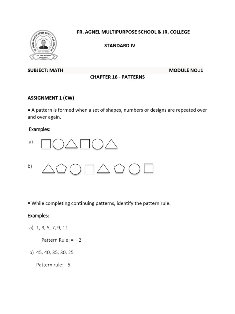 CW - HW - Chapter 16 - Patterns - Module 1 - Math - STD IV | PDF