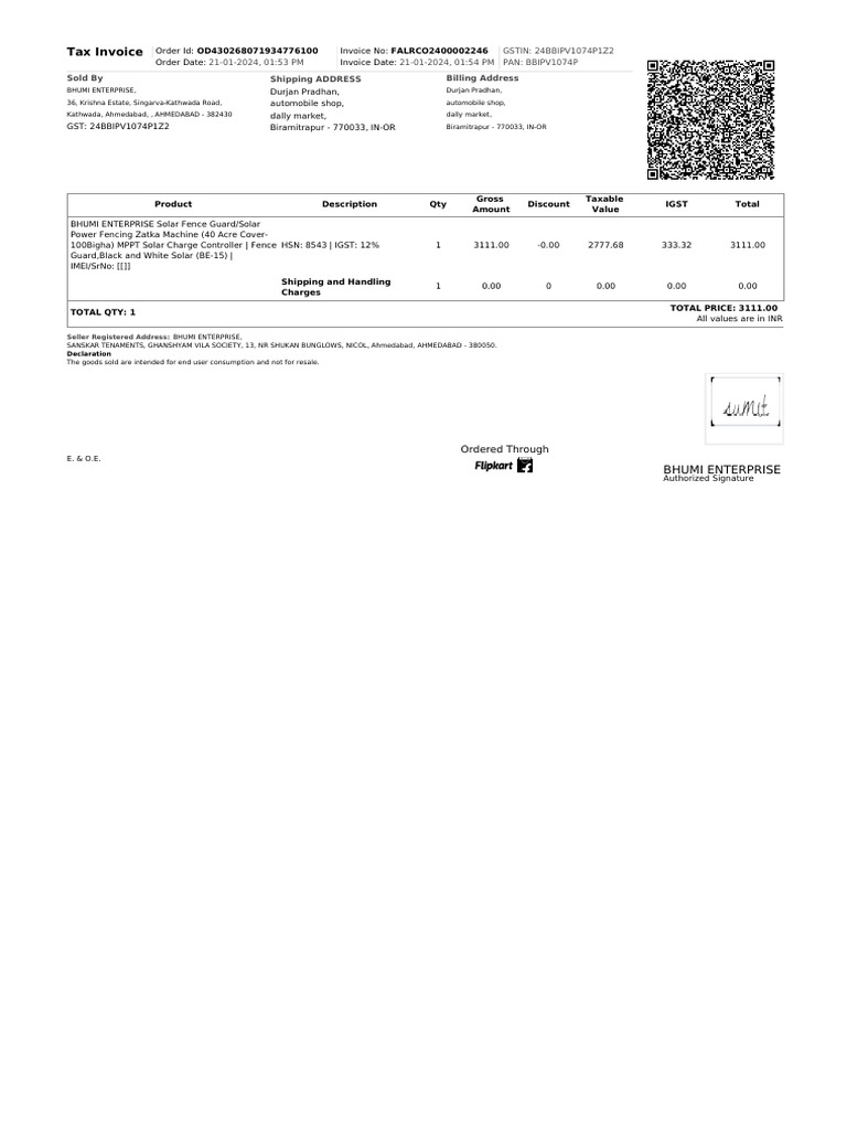 Tax Invoice for Solar Fence Guard | PDF | Taxation | Economy Of India