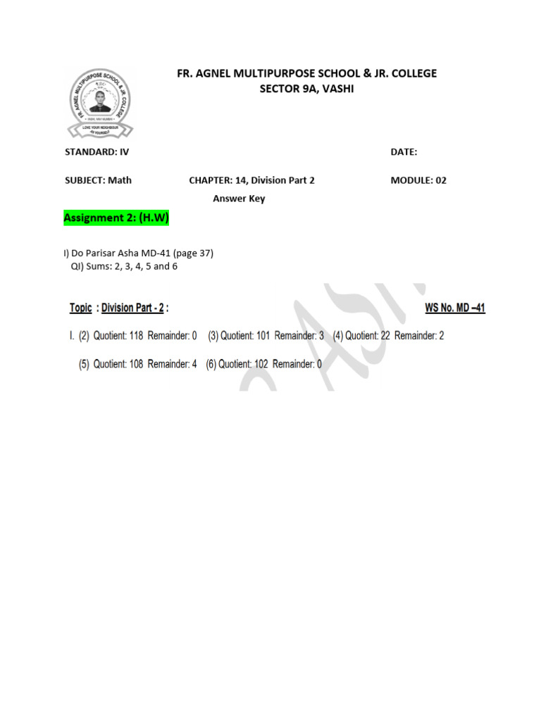 Answer Key - H.W - Chapter 14 - Division Part 2 - Module 2 - Math - STD IV | PDF