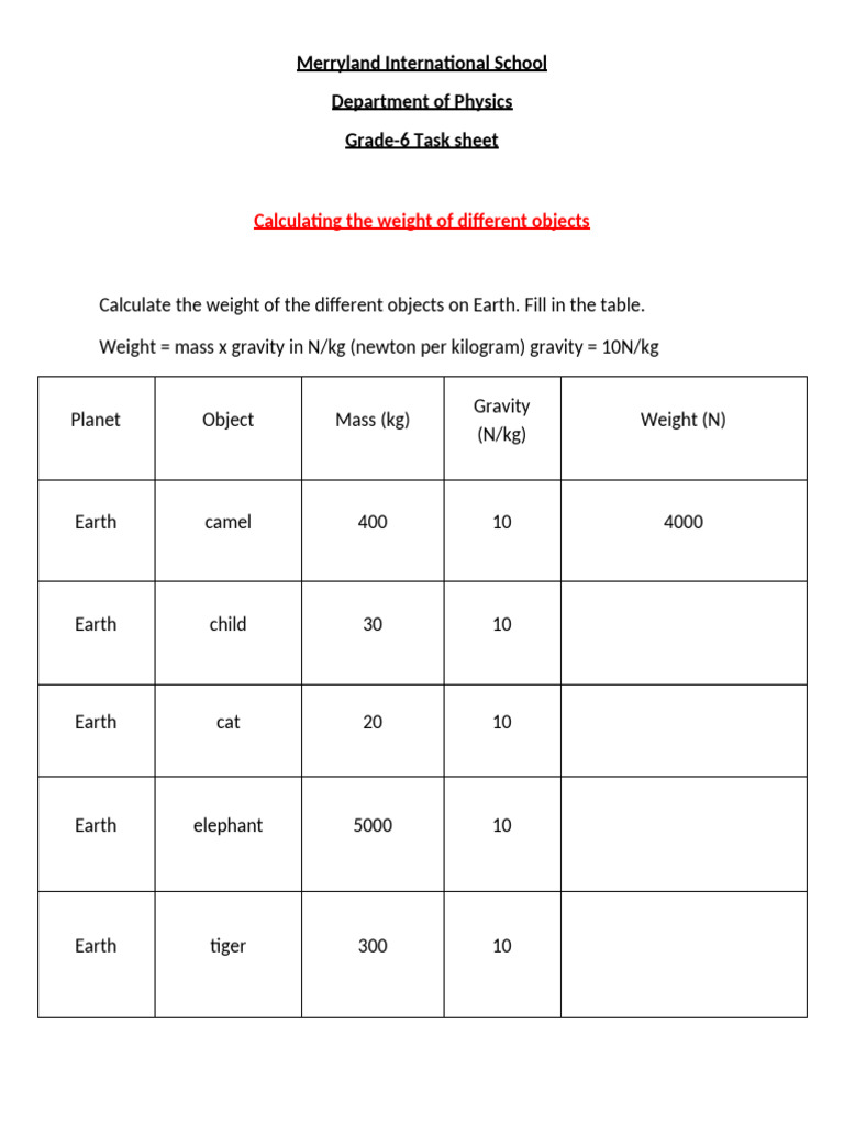 Grade 6 Mass and Weight Worksheet | PDF