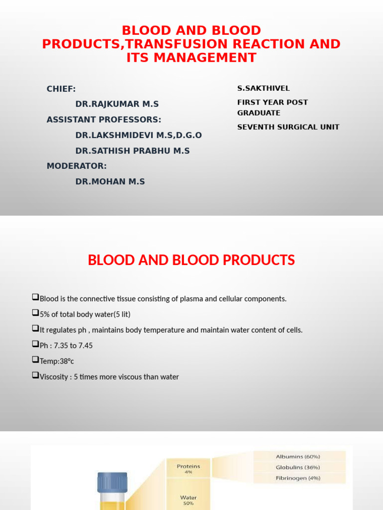 Blood and Blood Products,Transfusion Reaction and Its Management (1 ...