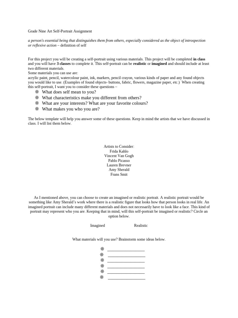 Grade Nine Art Self Portrait Assignment Performance Task | PDF ...