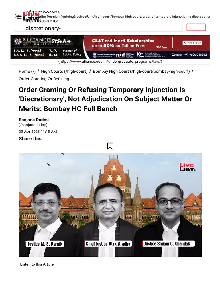 Bombay HC: Temporary Injunction Discretionary | PDF | Injunction | Appeal