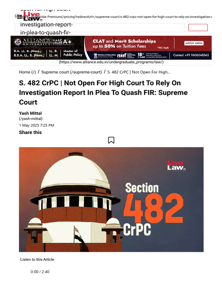 S. 482 CRPC - Not Open For High Court To Rely On Investigation Report in Plea To Quash FIR ...