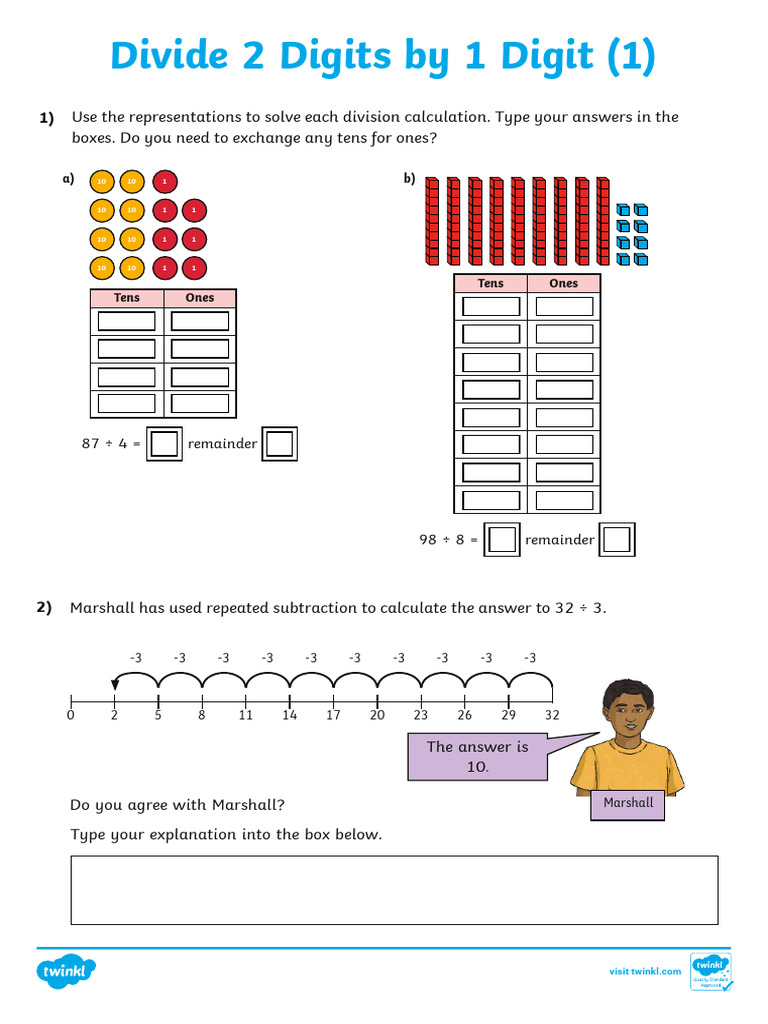 Multiplication and Division Divide 2 Digits by 1 Digit 1 Year 4 and ...
