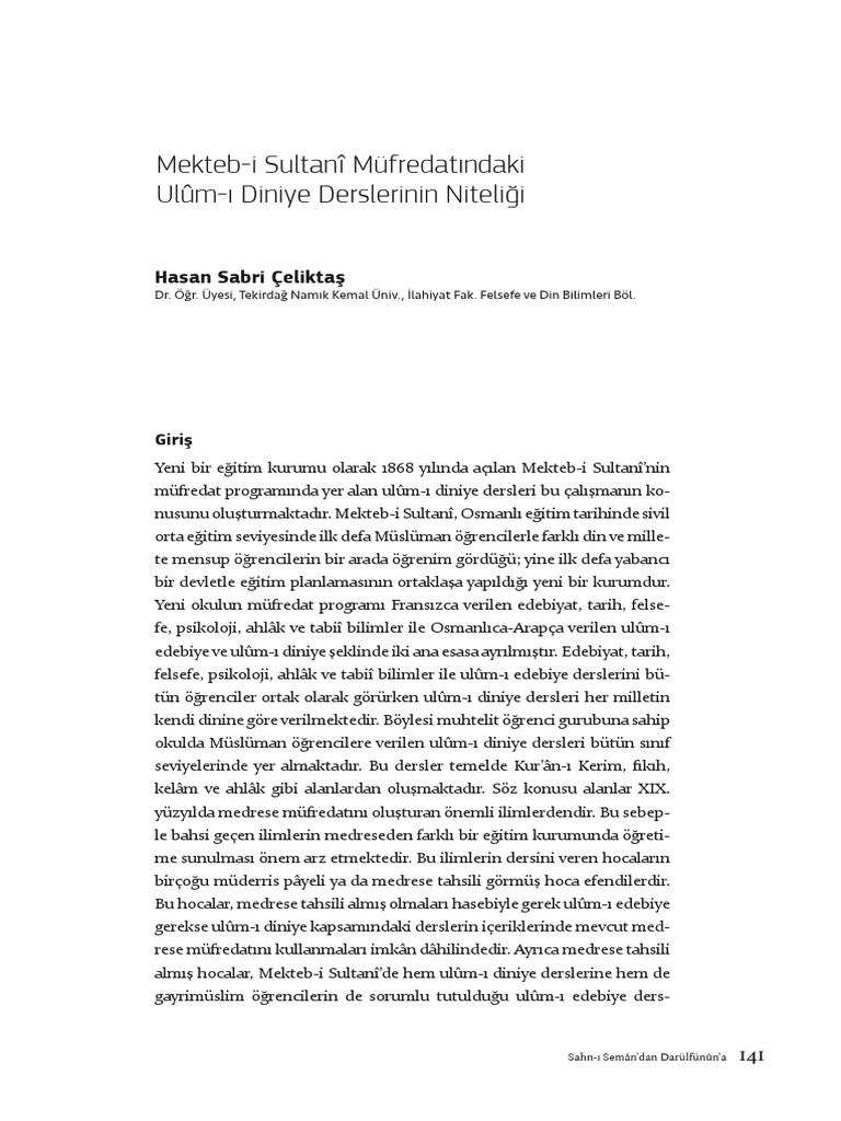 Mekteb I Sultani Mufredatindaki Ulum I D | PDF