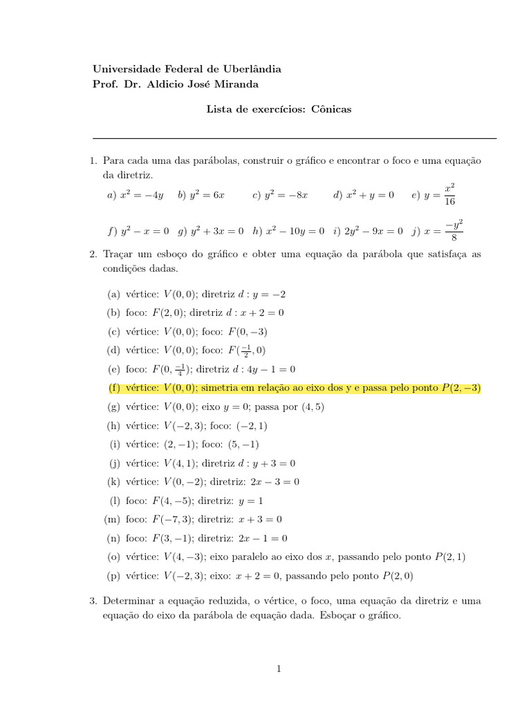 Lista GeomAnalitica Conicas | PDF | Elipse | Geometria Euclidiana