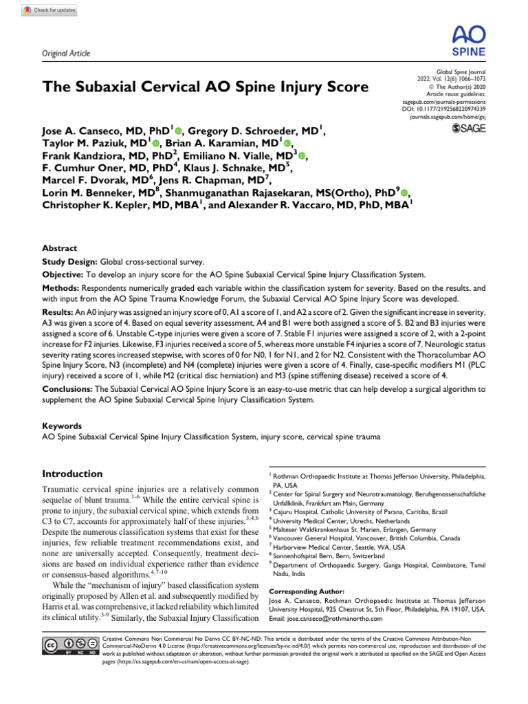 Canseco Et Al 2020 The Subaxial Cervical Ao Spine Injury Score | PDF ...
