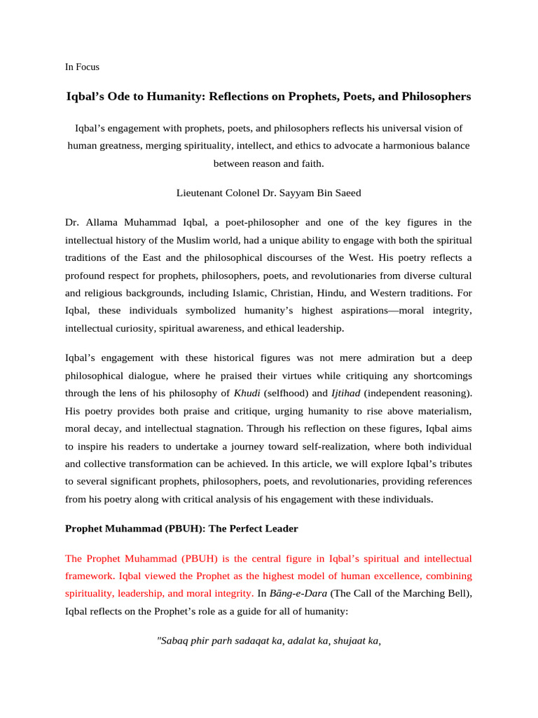 (Edited) LT Col DR Sayyam Saeed, Iqbal's Ode To Humanity Iqbal's Reflections On Prophets, Poets ...