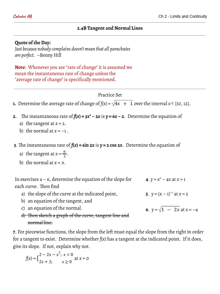 APCalc - CW - HW 2.4B Tangent Lines | PDF | Tangent | Derivative