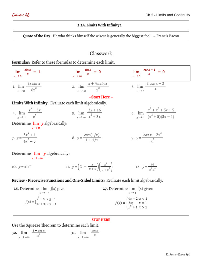 APCalc - CW - HW 2.2A Limits With Infinity 1 | PDF | Mathematics ...
