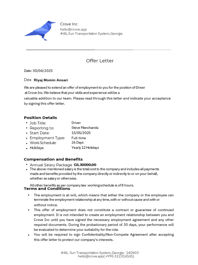 Job Offer Letter Sample Format | PDF