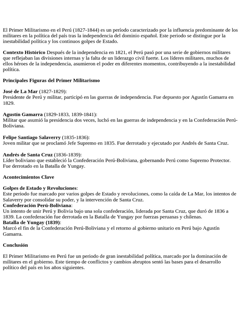 El Primer Militarismo en El Perú | PDF