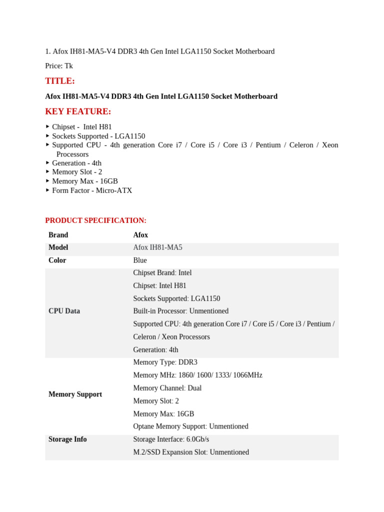 Afox IH81-MA5-V4 Micro-ATX Motherboard | PDF | Intel | Computing
