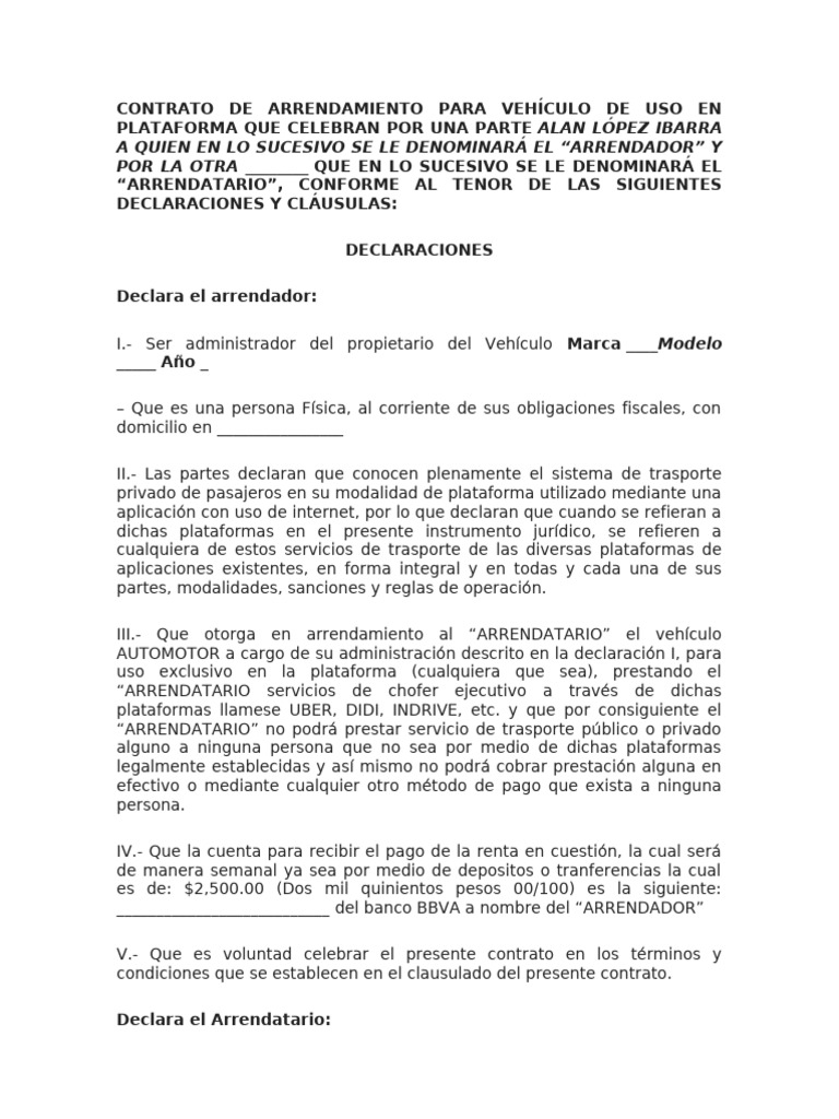 Contrato de Arrendamiento Uber Compadre Alan Modificado | PDF