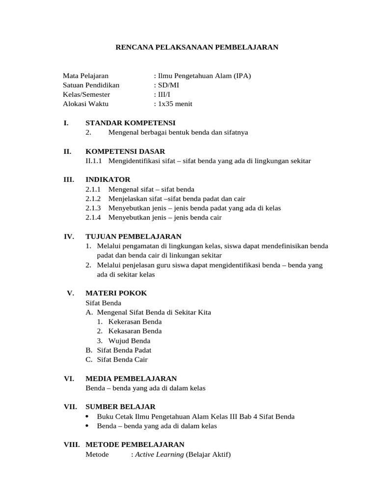 RPP Ipa Kelas 3 Sifat Benda | PDF