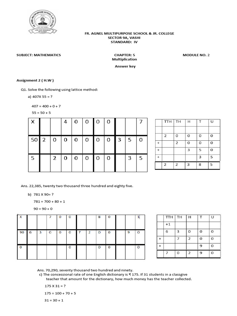 Answer Key - Chapter 5 - Multiplication - Module 2 - Maths - STD IV | PDF