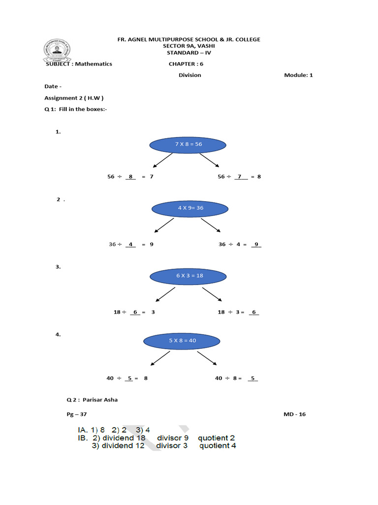 Answer Key - HW - Chapter 6 - Division - Module 1 - Maths - STD IV | PDF