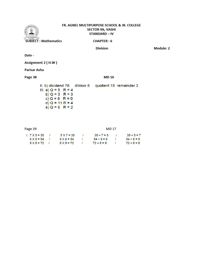 Answer Key - HW - Chapter 6 - Division - Module 2 - Maths - STD IV | PDF