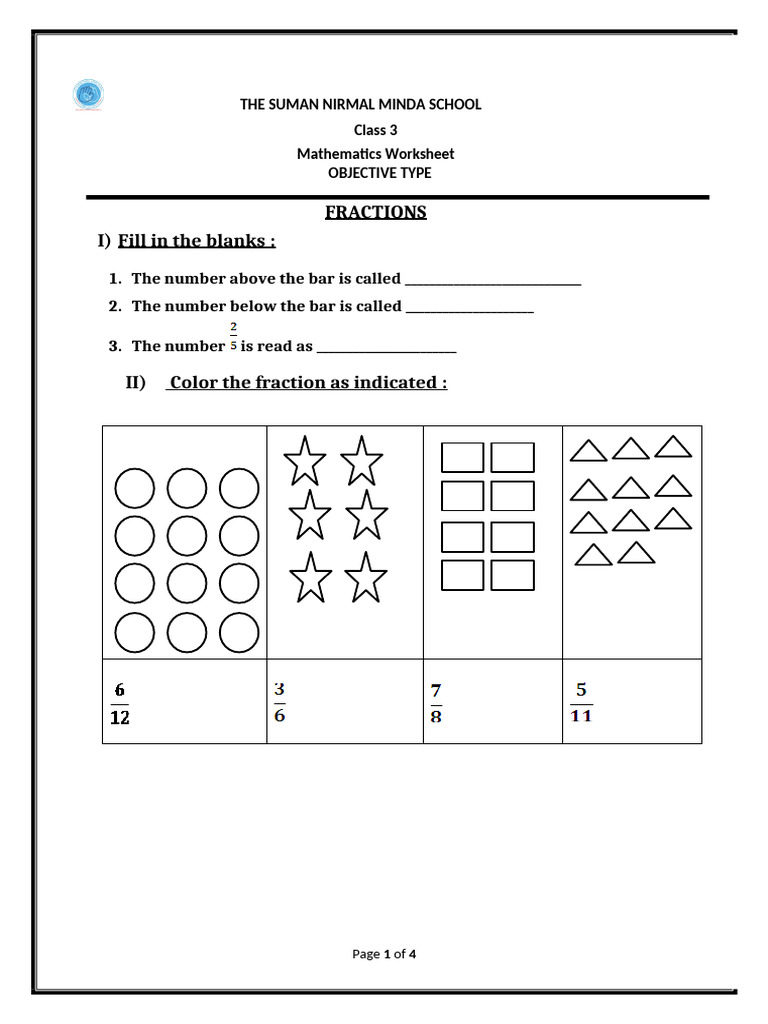 Class 3 Mathematics Worksheet: Fractions | PDF