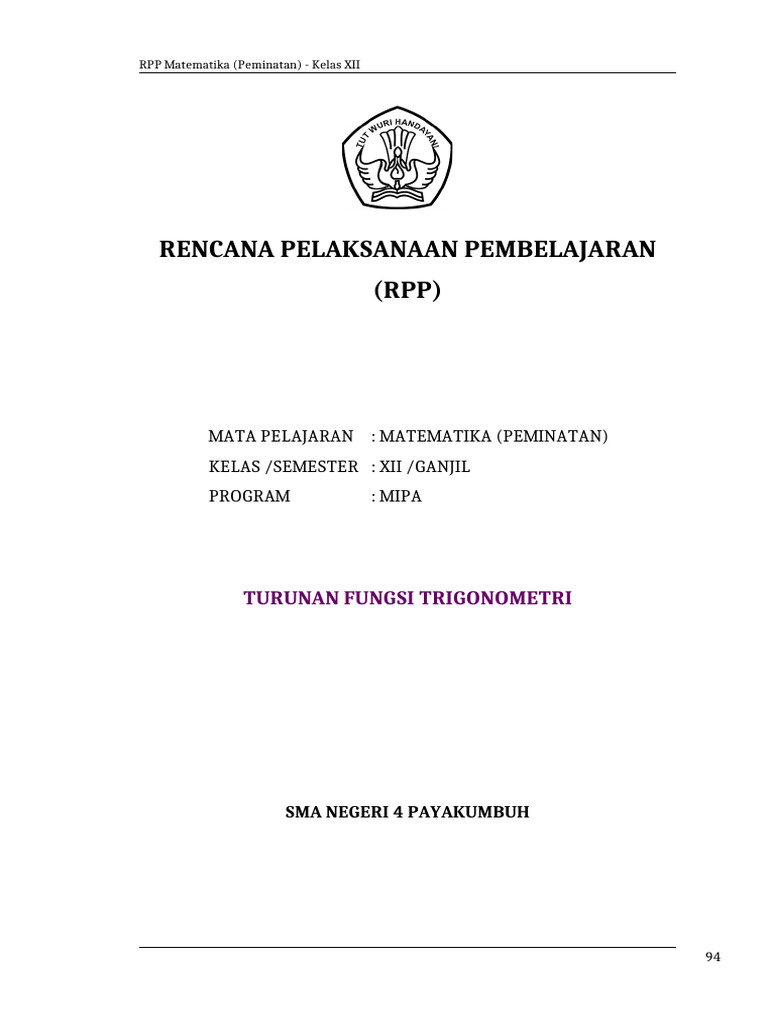 3. RPP TURUNAN FUNGSI TRIGONOMETRI 2018-2019 | PDF