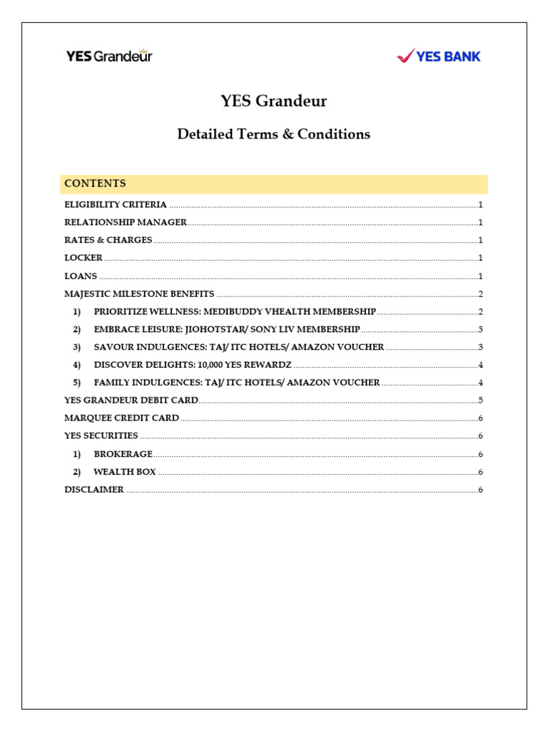 Ybl Yes Grandeur Detailed Terms N Conditions | PDF | Debit Card | Credit Card