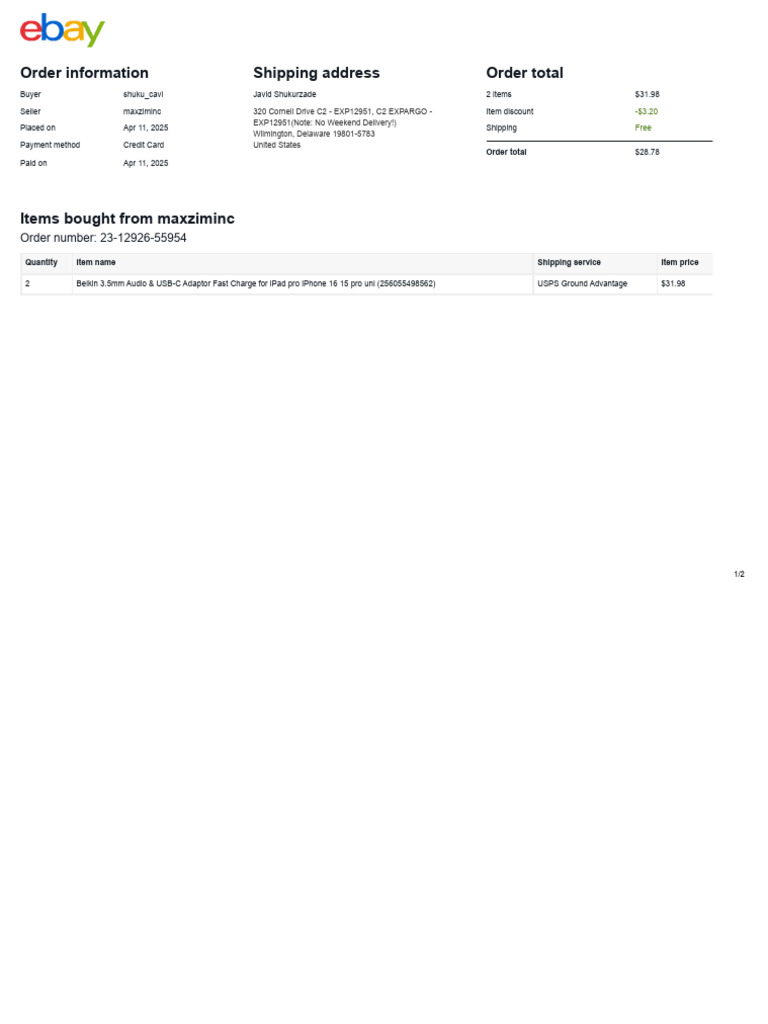 Order Details - EBay | PDF