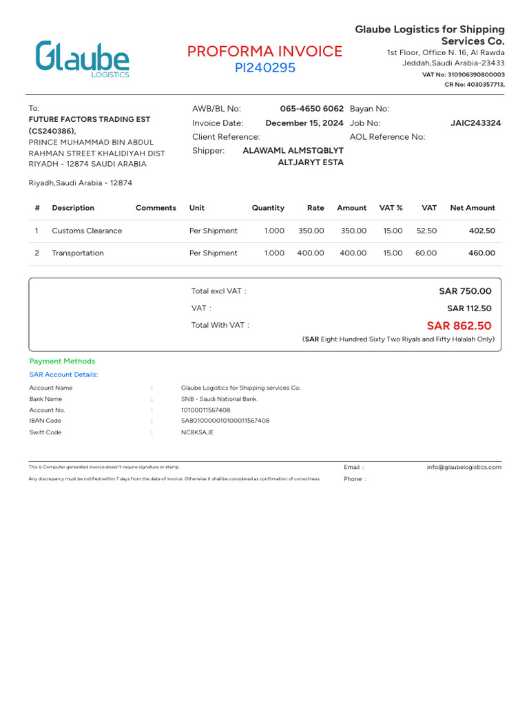 Proforma Invoice Print _ Glaube Logistics for Shipping Services Co ...