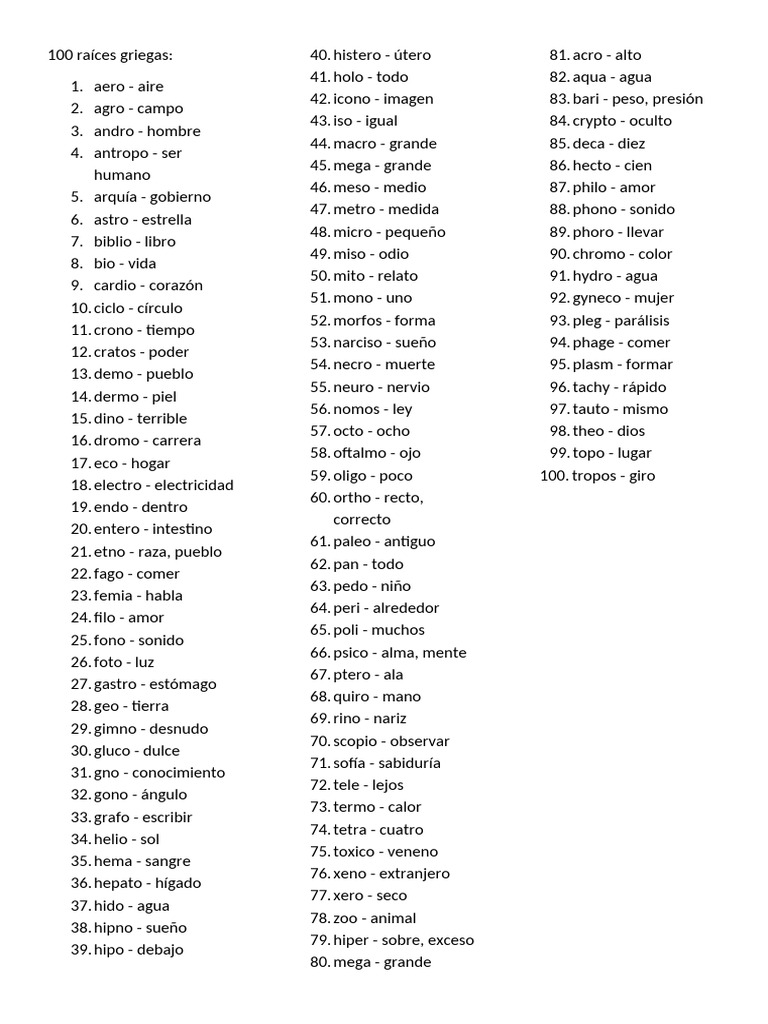 100 Raíces Griegas y Latinas | PDF
