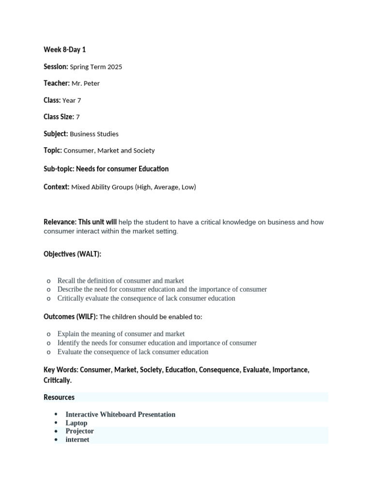 Year 7 Spring Term Business Studies Lesson Plan Week 8 | PDF | Consumer ...