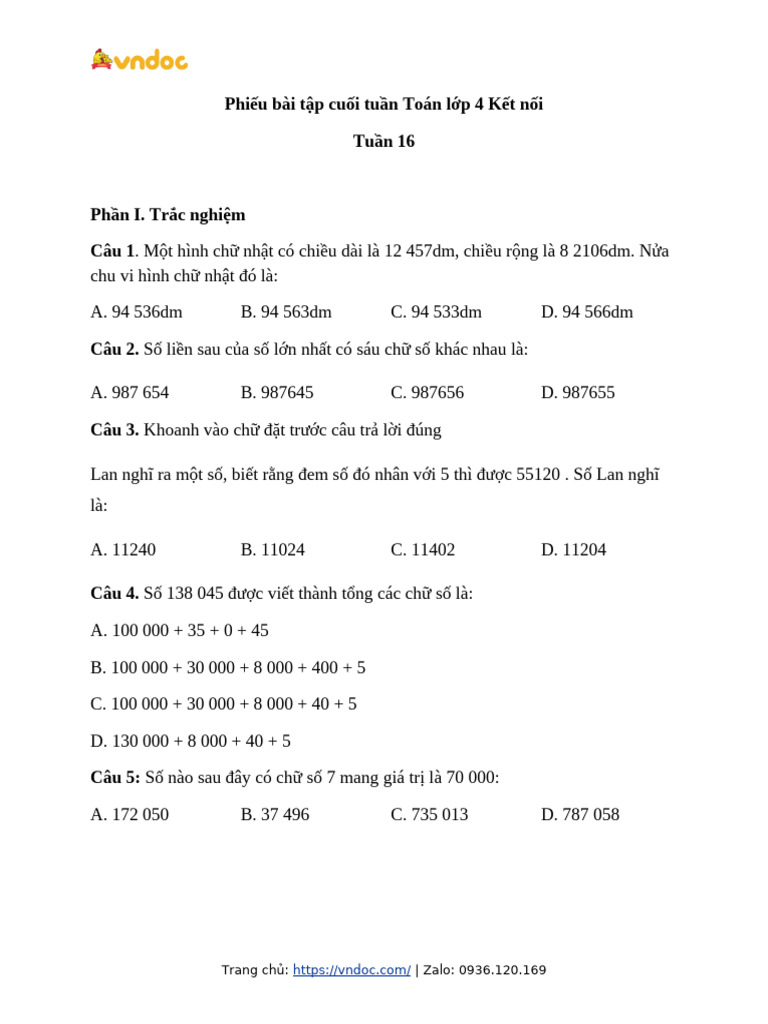 Phieu Bai Tap Co Ban Toan 4 Tuan 16 KNTT | PDF
