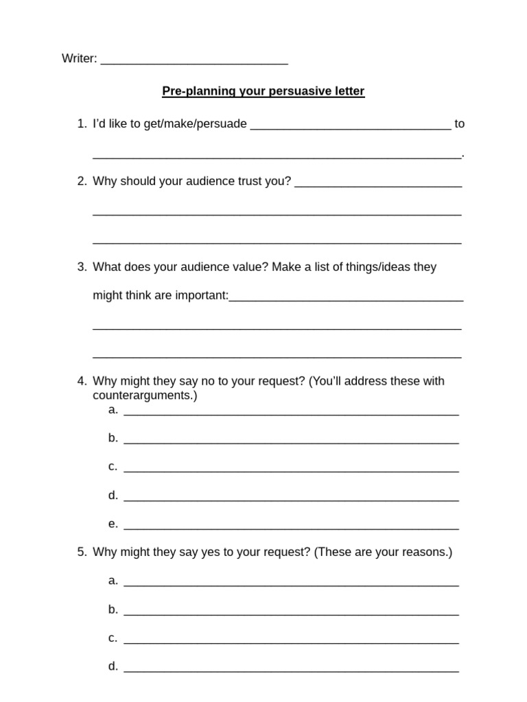 Persuasive Letter Pre-Planning | PDF