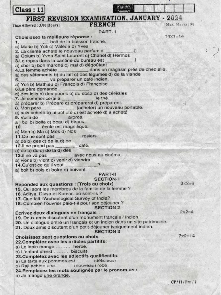 11th French Question Paper 2024 | PDF