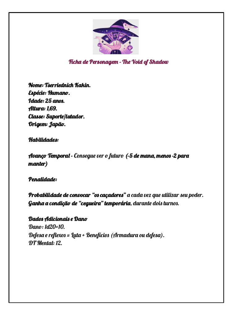 Ficha de Personagem: Tserriednich Kakin | PDF