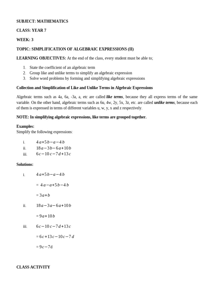 Lesson Note For Algebraic Expression | PDF | Multiplication ...