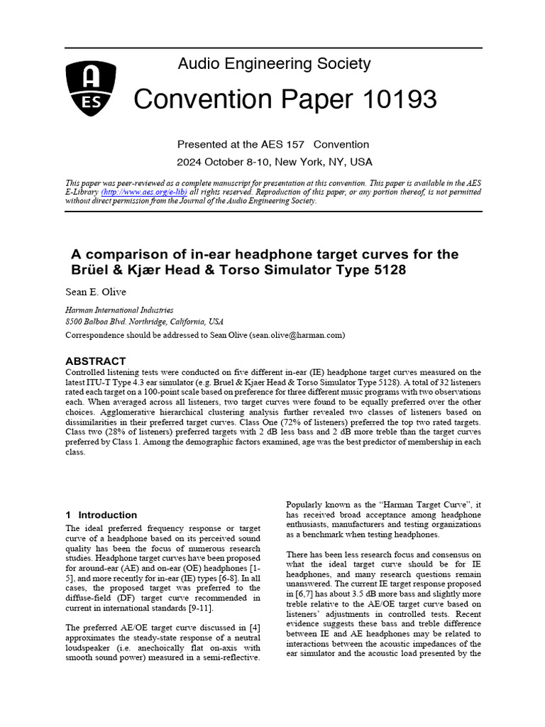 A Comparison of In-Ear Headphone Target Curves For The Brüel & Kjær ...