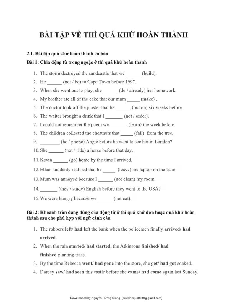 Bài tập thì QKHT | PDF