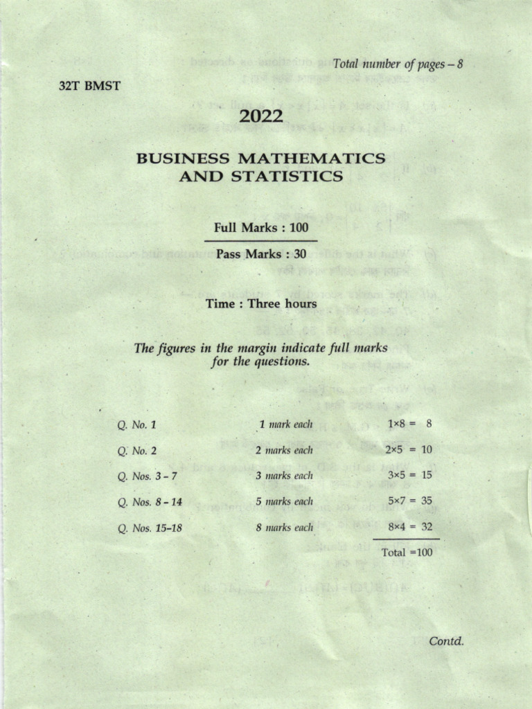 BMST Question Paper for H S Final Examination 2022 | PDF