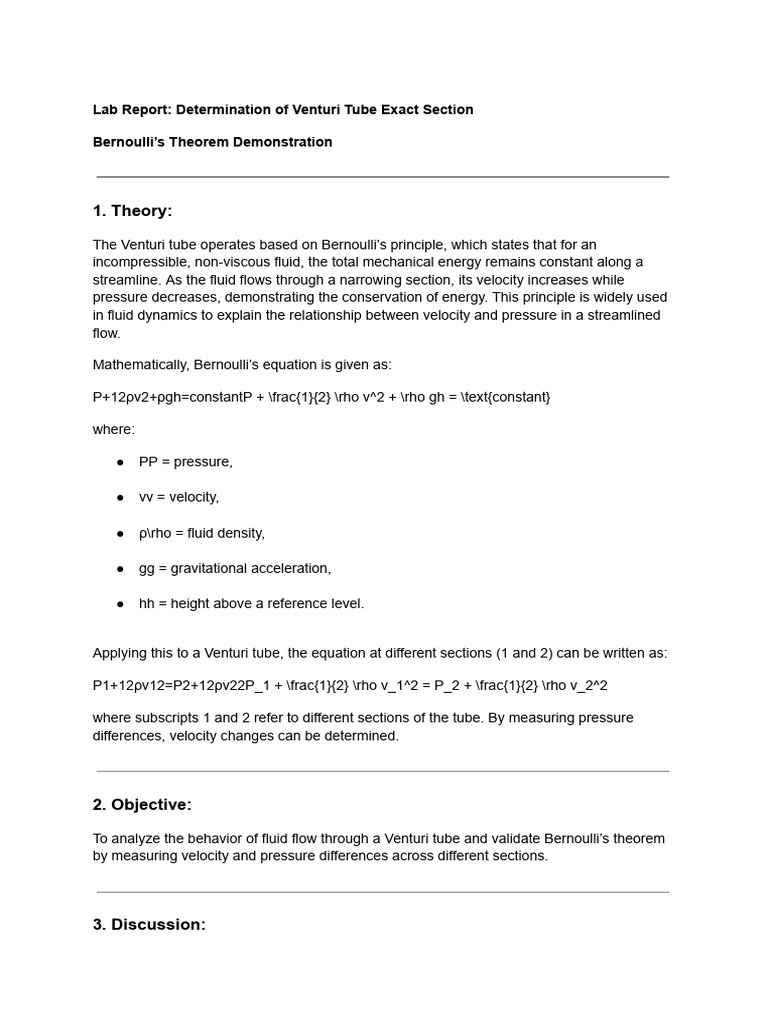 Lab Report - Determination of Venturi Tube Exact Section | PDF ...
